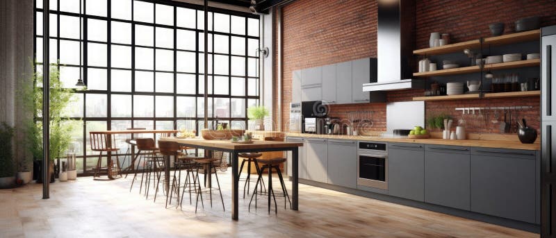Modern Loft Style Kitchen Interior. 3d Rendering Design Stock ...