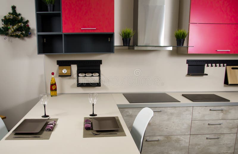 Modern Loft-style Kitchen with Red Cabinets, Stove, Range Hood and ...