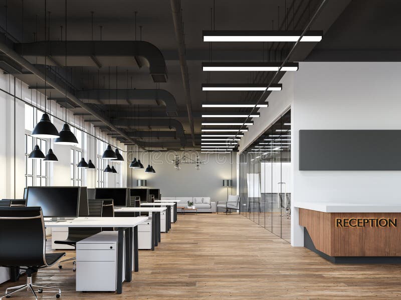 Industrial Loft Style Office Interior with Black Ceiling 3d Render ...