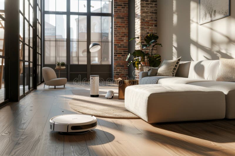 Modern Loft Style Room with Robot Vacuum Cleaner Performing Cleaning ...