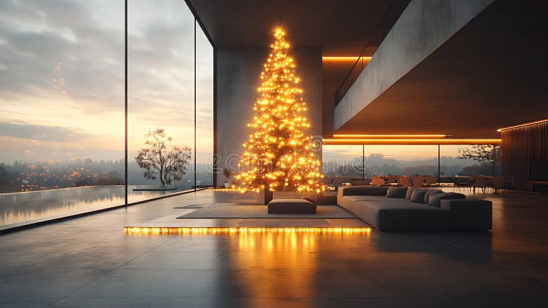 Modern Loft with Unique Christmas Tree Decoration Stock Illustration ...