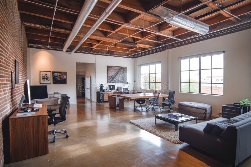 Modern Loft Workspace Featuring Sleek Decor, Natural Light, and a ...