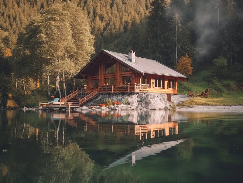 Modern Log Cabin by the Lakeside in Alpine Forest. Stock Illustration ...