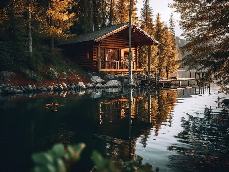 Modern Log Cabin by the Lakeside in Alpine Forest. Stock Illustration ...