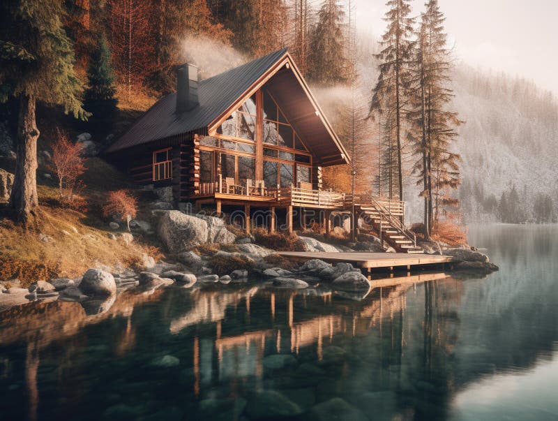 Modern Log Cabin by the Lakeside in Alpine Forest. Stock Illustration ...
