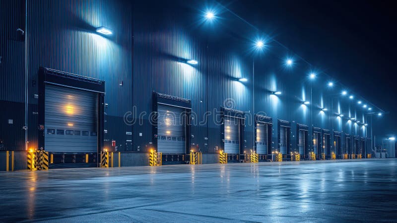 A Modern Logistic Center at Night, Illuminated by Bright Lights ...
