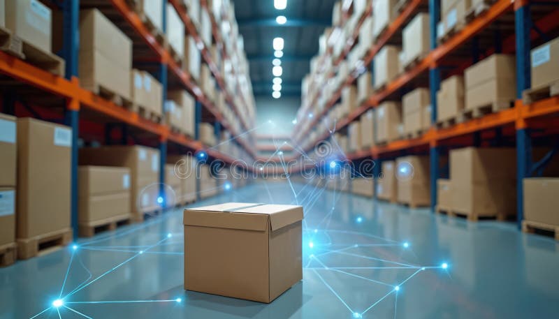 Modern Logistic Warehouse Shows Efficient AI-driven Systems. Cardboard ...