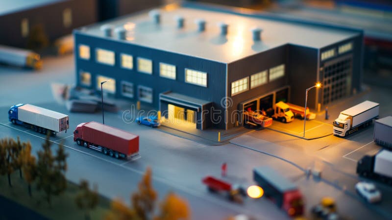 Modern Logistics Center Layout Model, Light Industrial Building and Warehouse with Trucks Stock ...