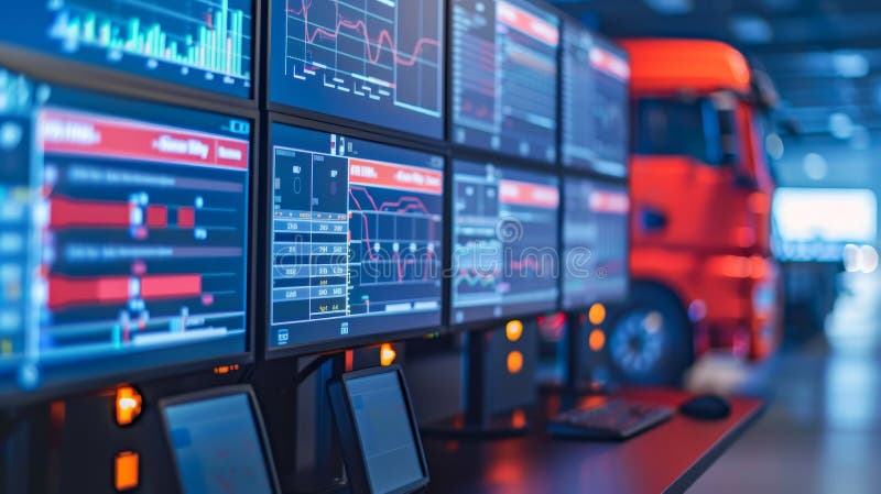 Modern Logistics Control Room with Large Monitors Displaying Data and a ...