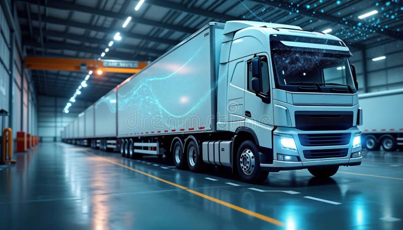 Modern Logistics Tech Optimizes Delivery Routes. Trucks Move through ...