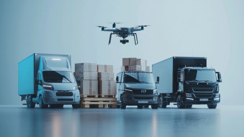 Modern Logistics Technology with Delivery Trucks and a Drone Hovering ...