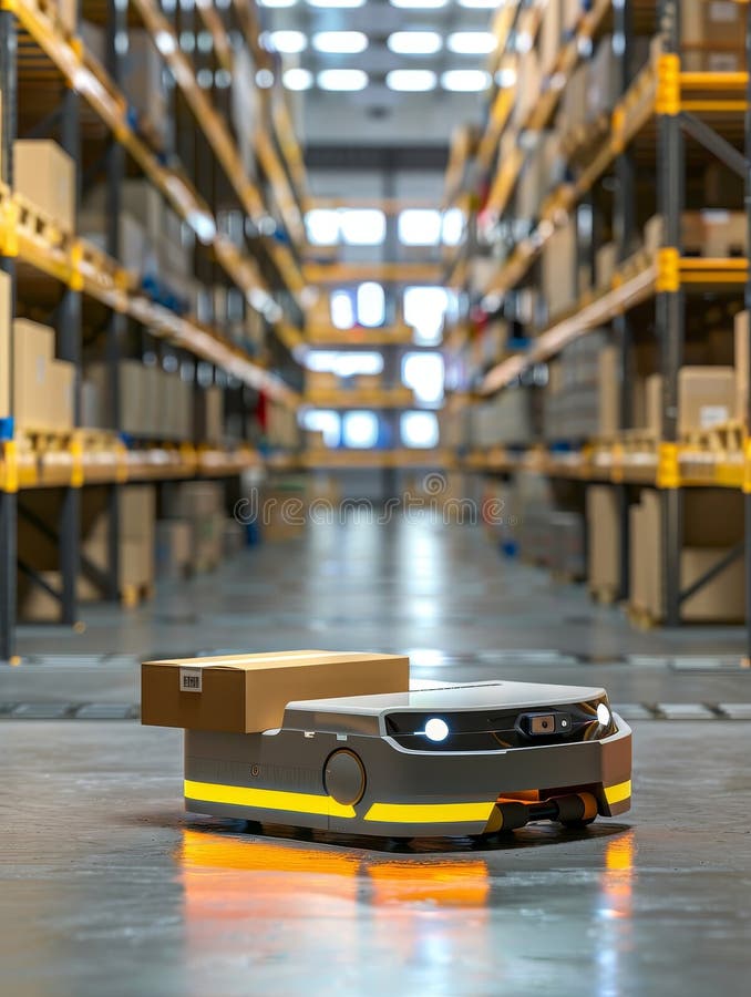 In a Modern Logistics Warehouse, an Autonomous Delivery Robot Equipped ...