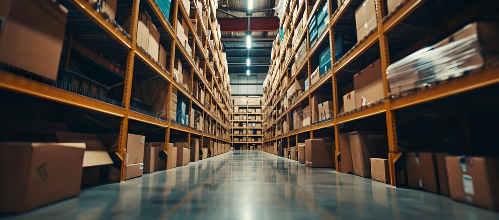 Modern Logistics Warehouse Interior with Rows of Shelves Stocked with ...