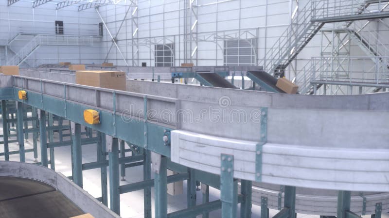 Modern Logistics Warehouse with Working Conveyor Belt System. Cardboard ...