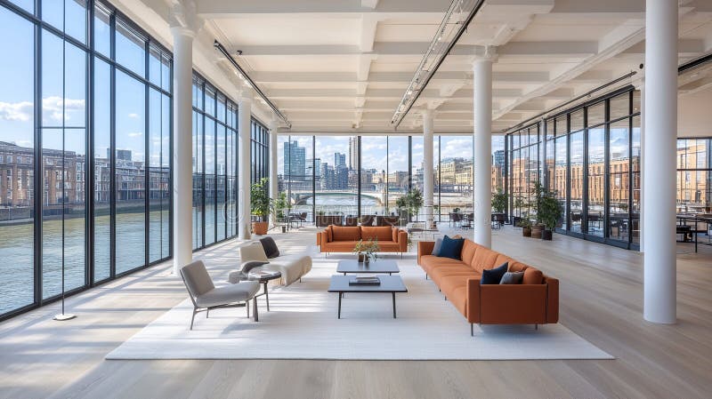 Modern London Office Lounge, River View, Sunlight, Meeting Area Stock ...