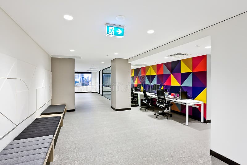 Modern and Long Computer Hall with Cushion Benches Stock Image - Image ...