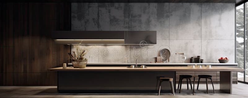 Modern Long Kitchen with Table, Minimalistic Design Stock Illustration ...