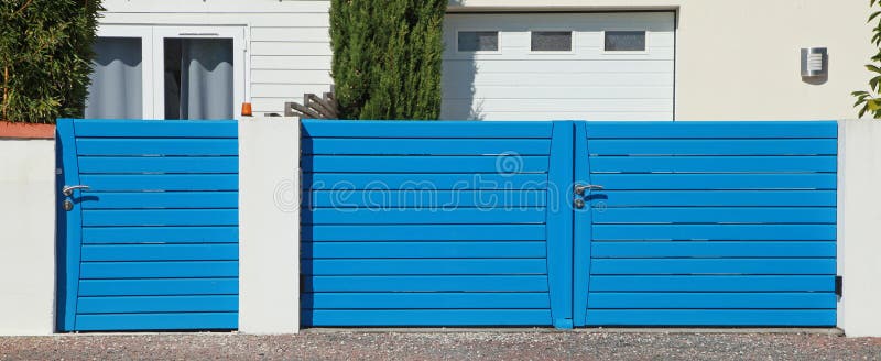 Modern-looking Blue Aluminium Gate Stock Photo - Image of wall, garage ...
