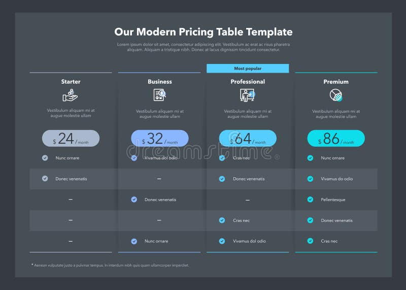 Modern Looking Pricing Table Design with Four Subscription Plans - Dark ...