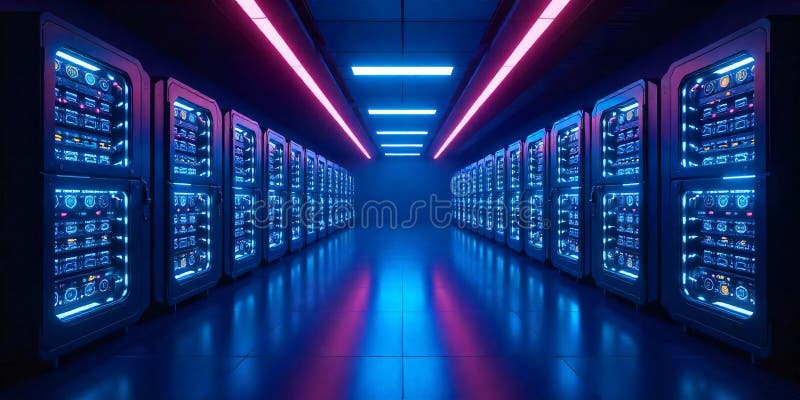 Modern-looking Super Quantum Computers are Lined Up in Rows on Both ...