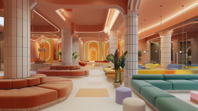 Modern Lounge Area with Colorful Couches and Arched Entryways Stock ...