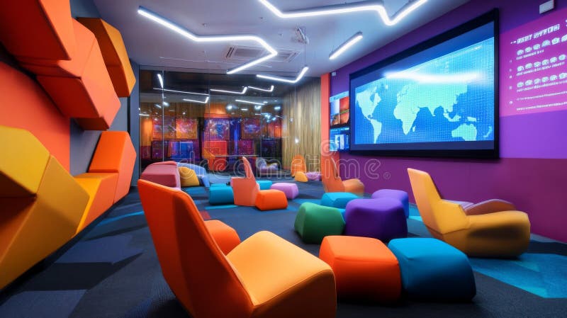 Modern Lounge Area with Colorful Seating and World Map Display Stock ...