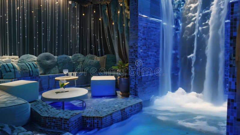 A Modern Lounge Area Featuring a Cascading Waterfall into a Clear Blue ...