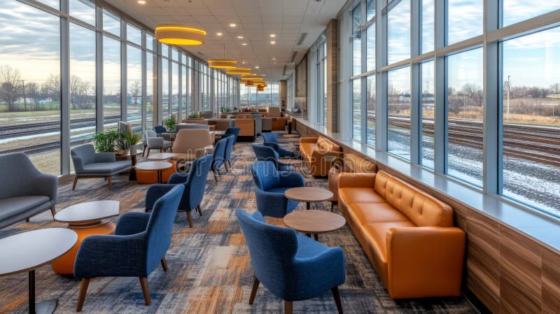 Modern Lounge Area with Large Windows and Railroad Tracks View Stock ...