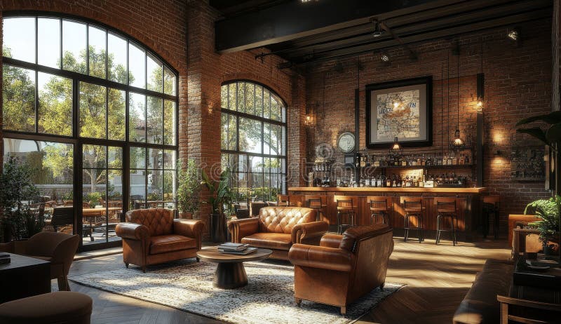 Modern Lounge Area with Leather Seating and Natural Light in an Urban ...