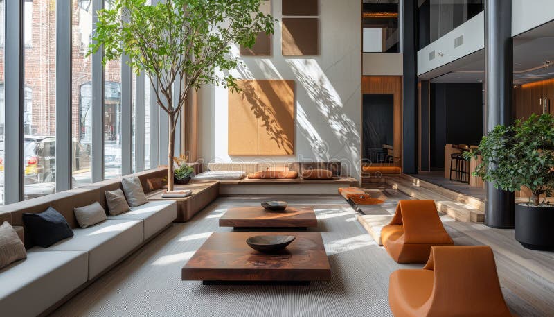 Modern Lounge Area with Low Sofa and Natural Elements Stock ...