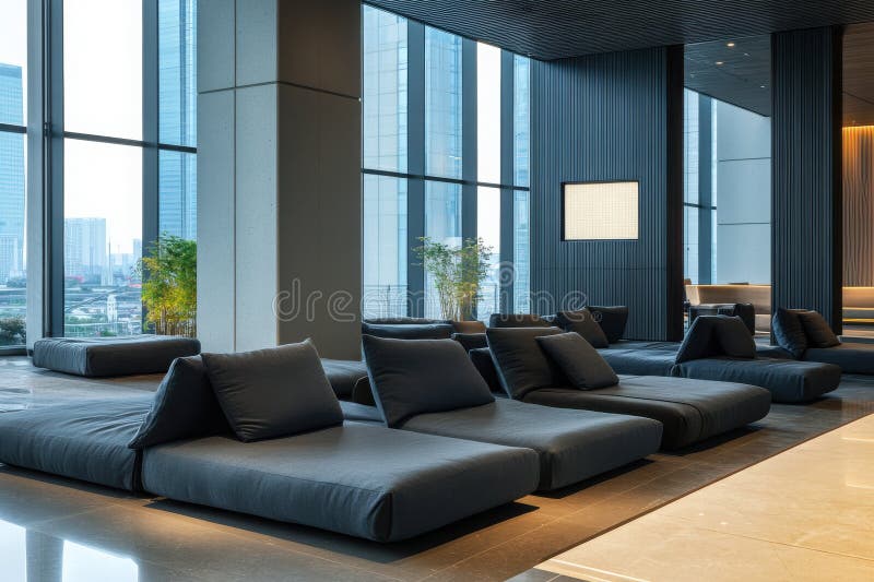 A Modern Lounge Area with Modular Sofas and City Views Promoting ...