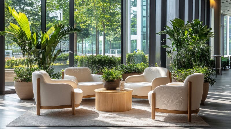 Modern Lounge Area with Plants and Natural Light Stock Illustration ...