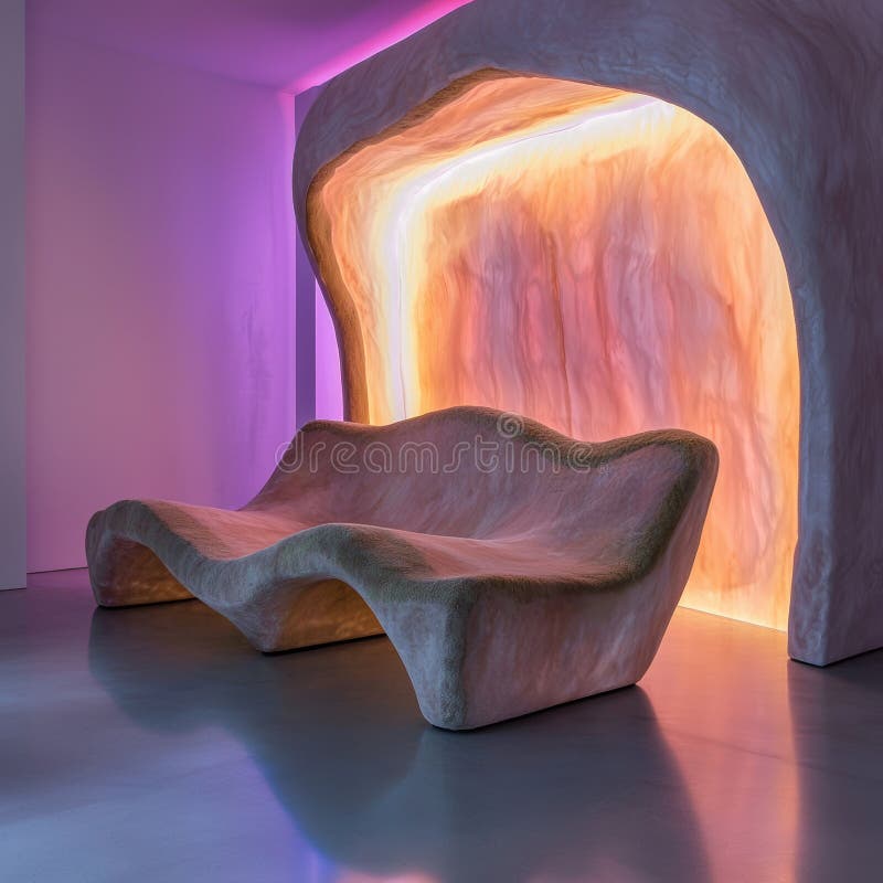 A Modern Lounge Area with a Unique Bench and Illuminated Backdrop ...