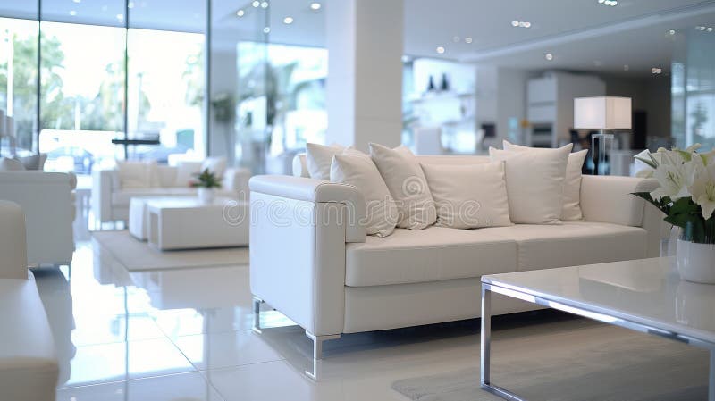 Modern Lounge Area with White Sofas and Coffee Table in Urban Setting ...
