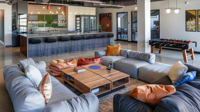 Modern Lounge with Bar and Foosball Table in Sunny Open Space, Daytime ...