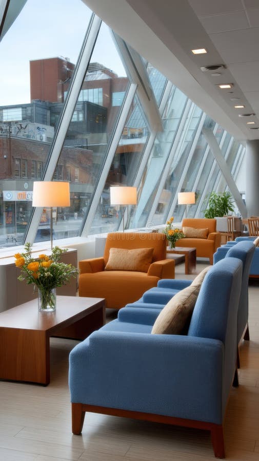 Modern Lounge with Blue Sofas and Armchairs Near Large Windows in Urban ...