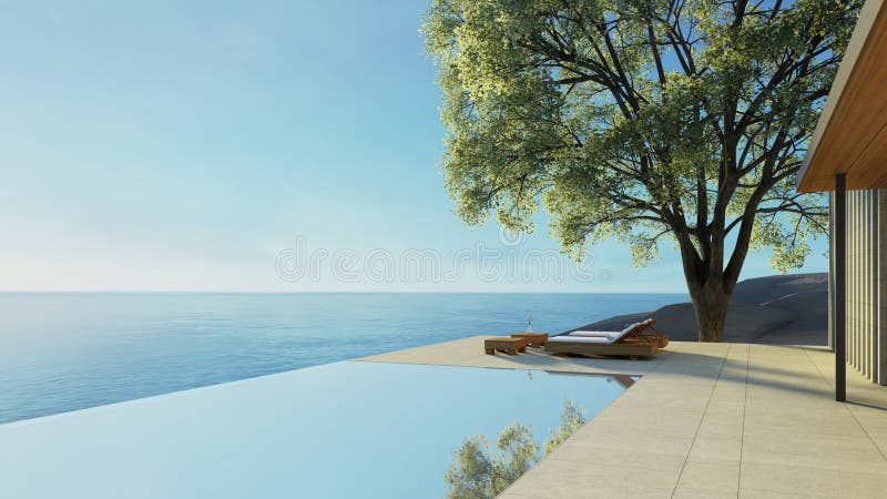Modern Lounge Chair on Terrace - Ocean Sea View - 3D Rendering Stock ...
