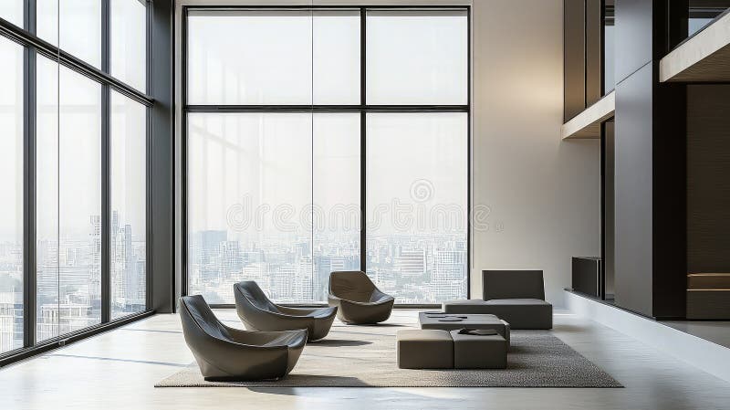 Modern Lounge with City View, Featuring Comfortable Armchairs, a Coffee ...