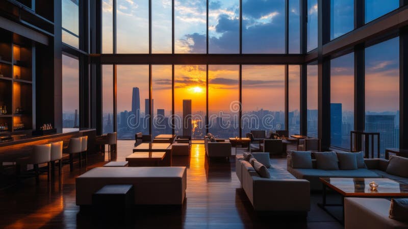 Modern Lounge with Cityscape Sunset View through Floor-to-Ceiling ...