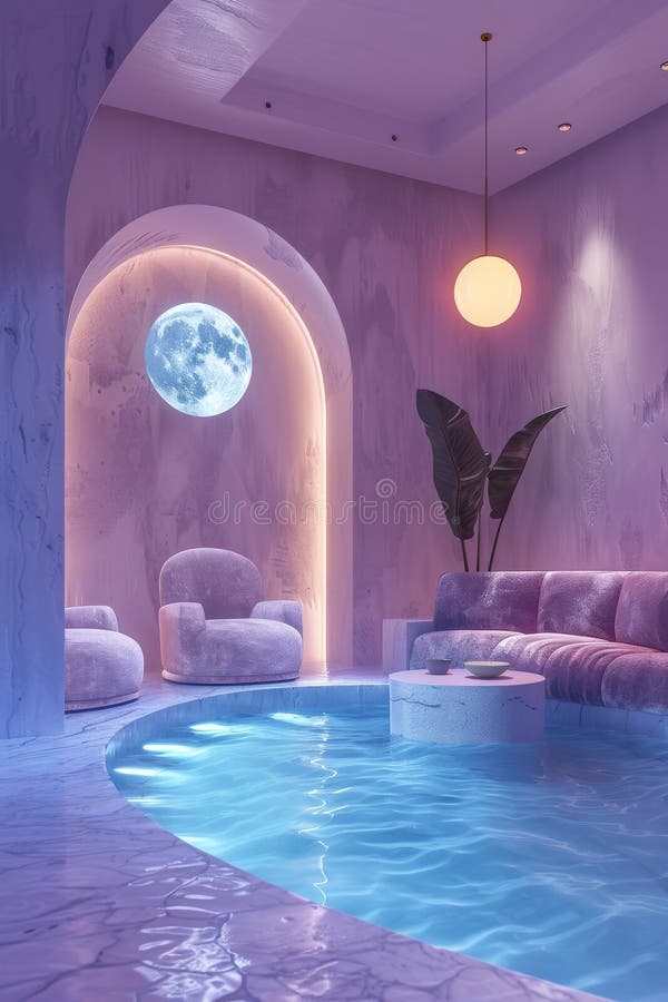 Modern Lounge with Floating Armchairs and Moonlit Pool in Futuristic ...