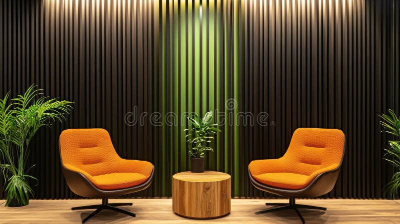 Modern Lounge with Orange Chairs and Green Wall Paneling in Relaxed ...