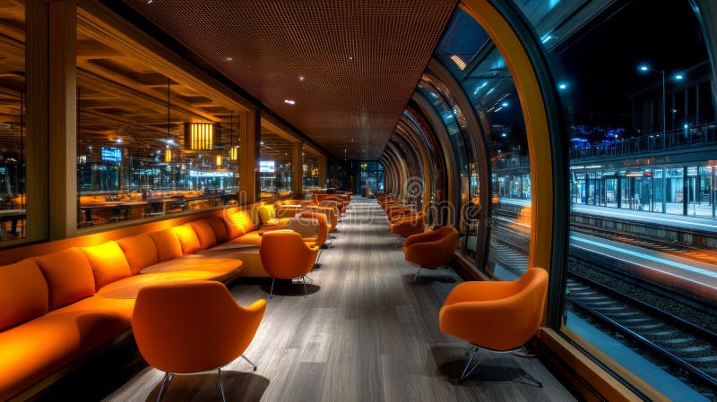 Modern Lounge with Orange Seating and Train Tracks View Stock ...