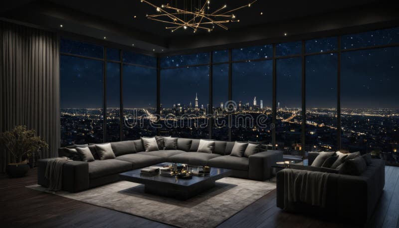 Modern Lounge with Panoramic City View at Night Stock Image - Image of ...