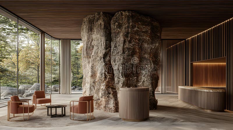 Modern Lounge with Rock Feature and Stylish Seating Stock Photo - Image ...