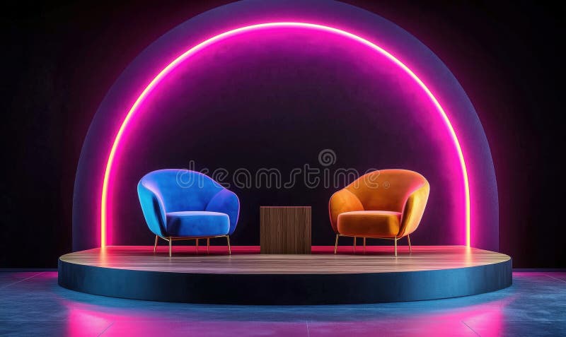 Modern Lounge Setup with Vibrant Neon Lighting and Stylish Armchairs ...