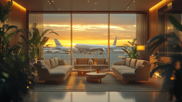 Modern Lounge with Sunset View and Airplane in the Background Stock ...