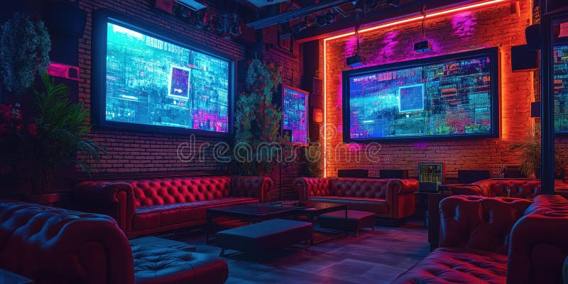 Modern Lounge with Vibrant Neon Lights and Large Screens Displaying ...