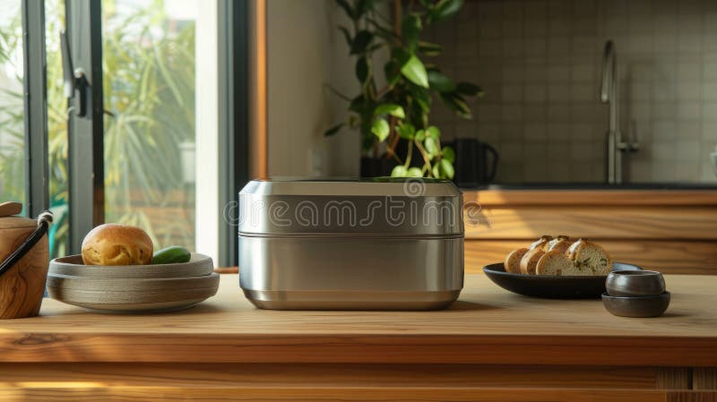 A Modern Lunchbox on a Kitchen Counter with Bread and Snacks. Stock ...