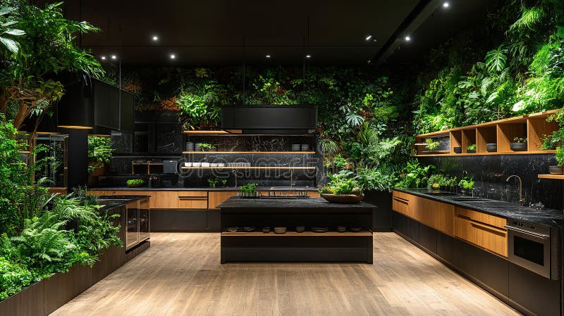 Modern, Lush Kitchen with Greenery Stock Illustration - Illustration of ...