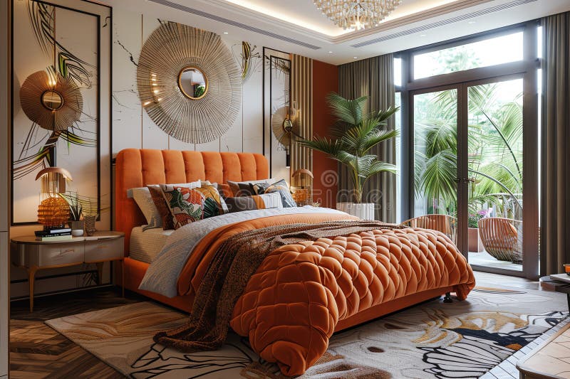 Modern, Luxurious Bedroom Featuring an Orange Bed, Stylish Decor, and ...